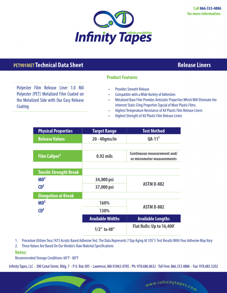 PET901 Metalized Technical Data Sheet | Infinity Tapes